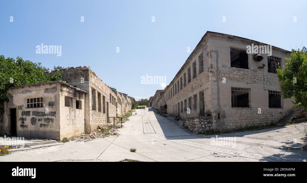 Dilapidated buildings, island of Goli Otok, Alcatraz of Croatia, site ...