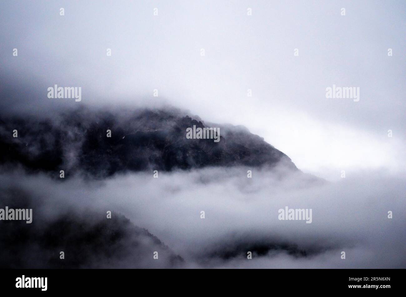 Mist in mountains. Nature background. Peak of mountain in dense fog ...