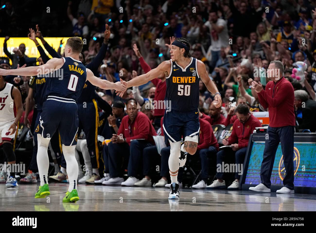 Denver Nuggets forward Aaron Gordon (50) celebrates with guard ...