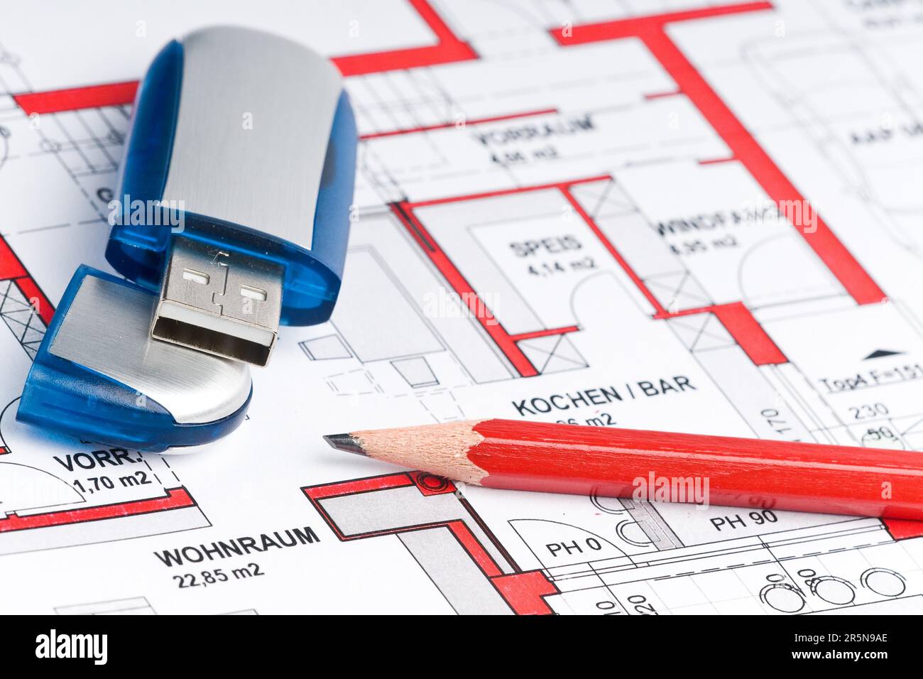 Data carrier usb on a design and plan for a house Stock Photo - Alamy