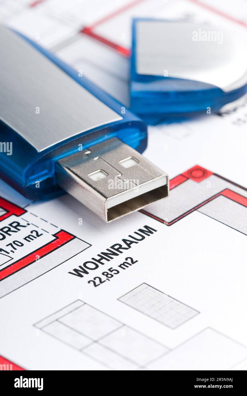 Data carrier usb on a design and plan for a house Stock Photo - Alamy