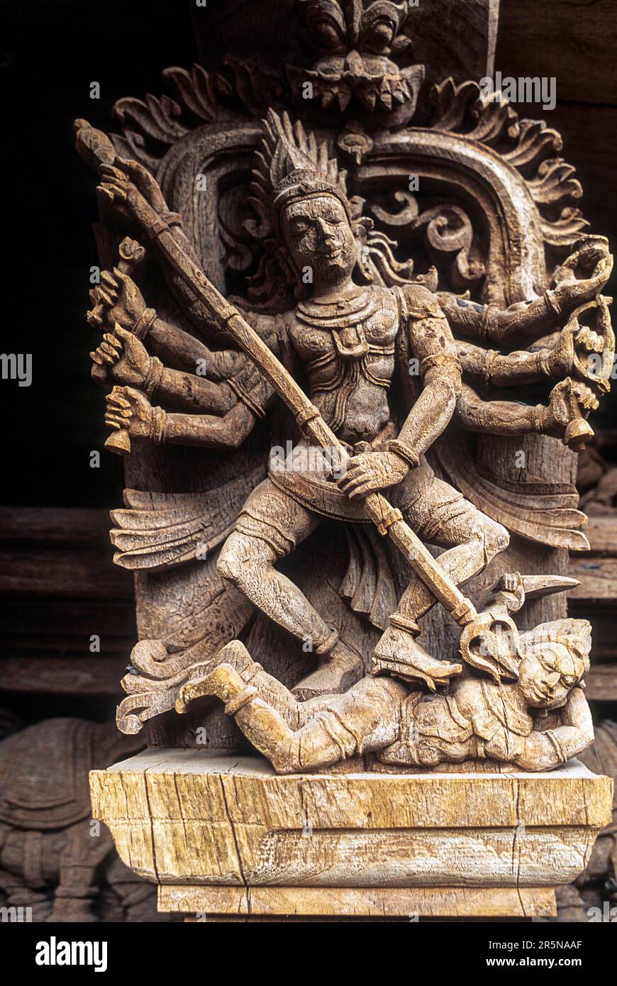 God killing demon with trident, 17th century wooden carvings in ...