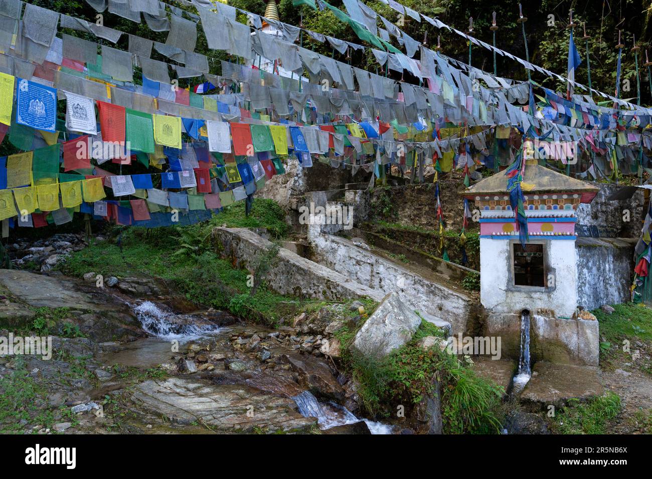 Shrine with Buddhist flags in Bhutan Stock Photo - Alamy