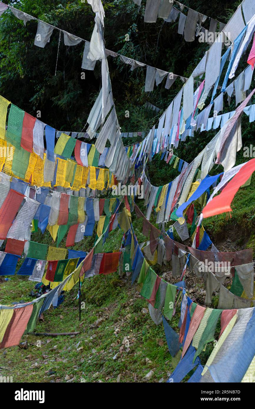 Buddhist flags in Bhutan Stock Photo - Alamy