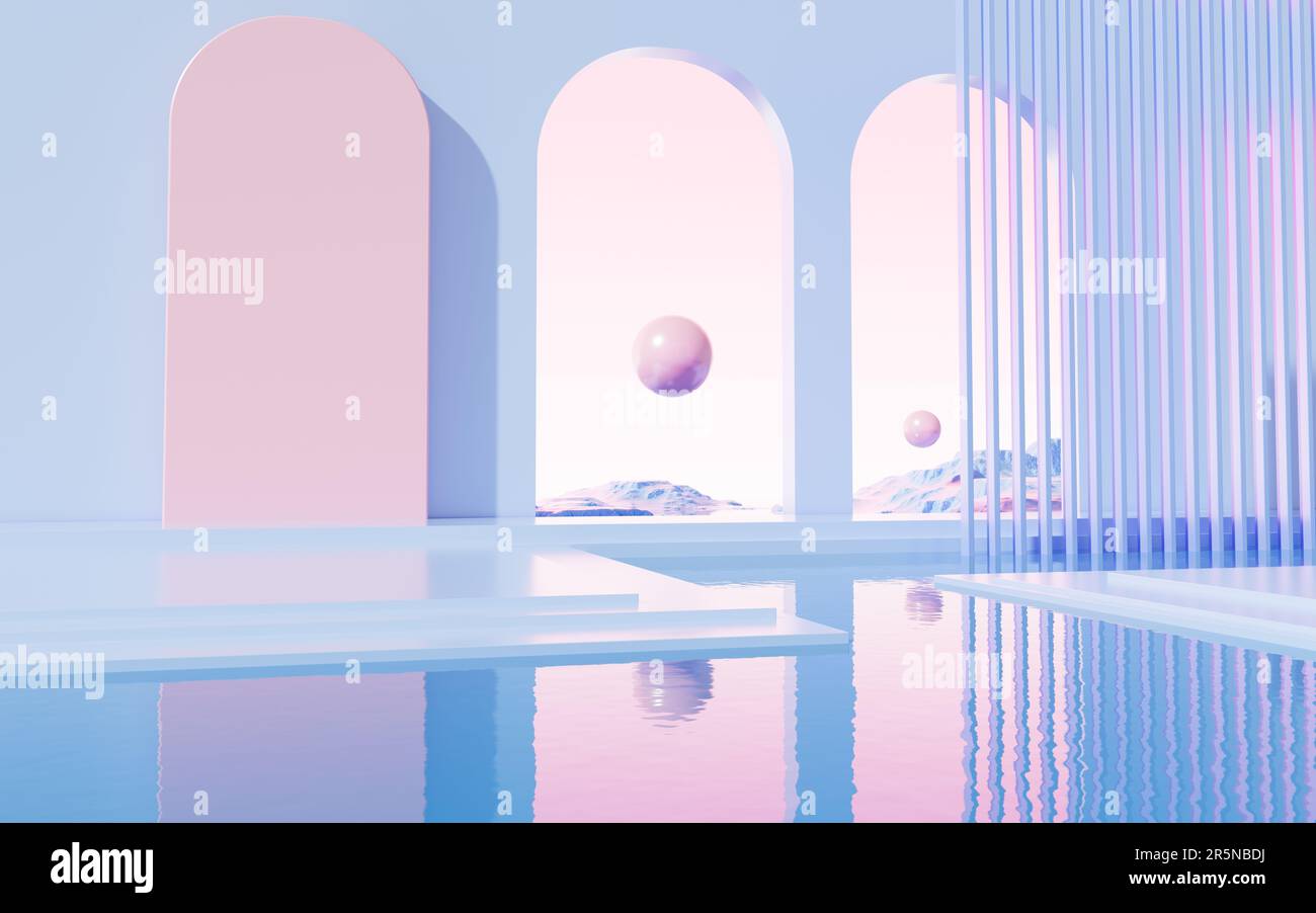 Geometric architecture and water surface background, 3d rendering ...