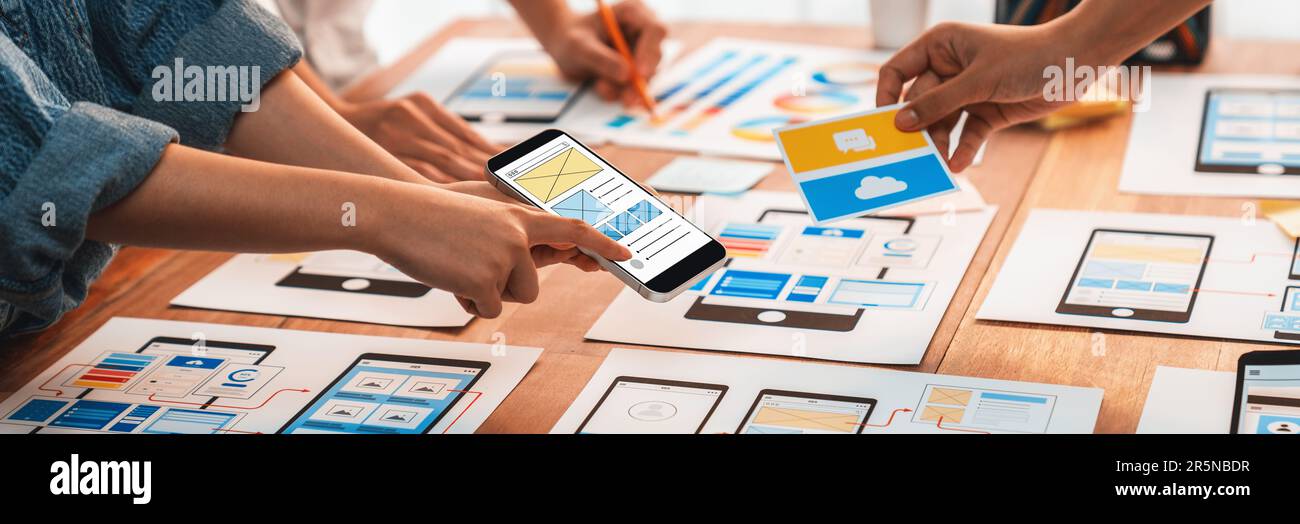 Panorama shot of front-end developer team brainstorming UI and UX ...