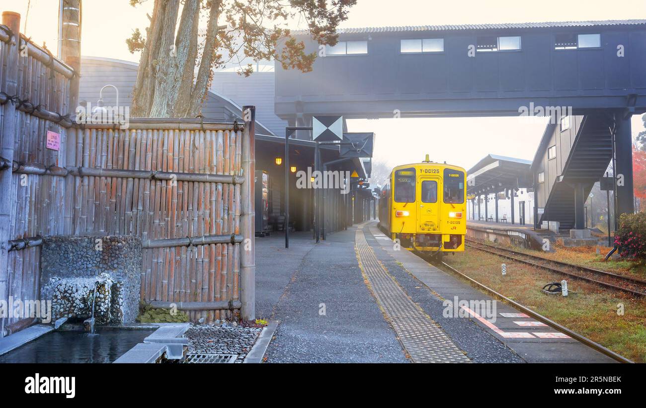 Yufuin, Japan - Nov 27 2022: The "Yellow One Man Diesel Car" (Kiha Y ...