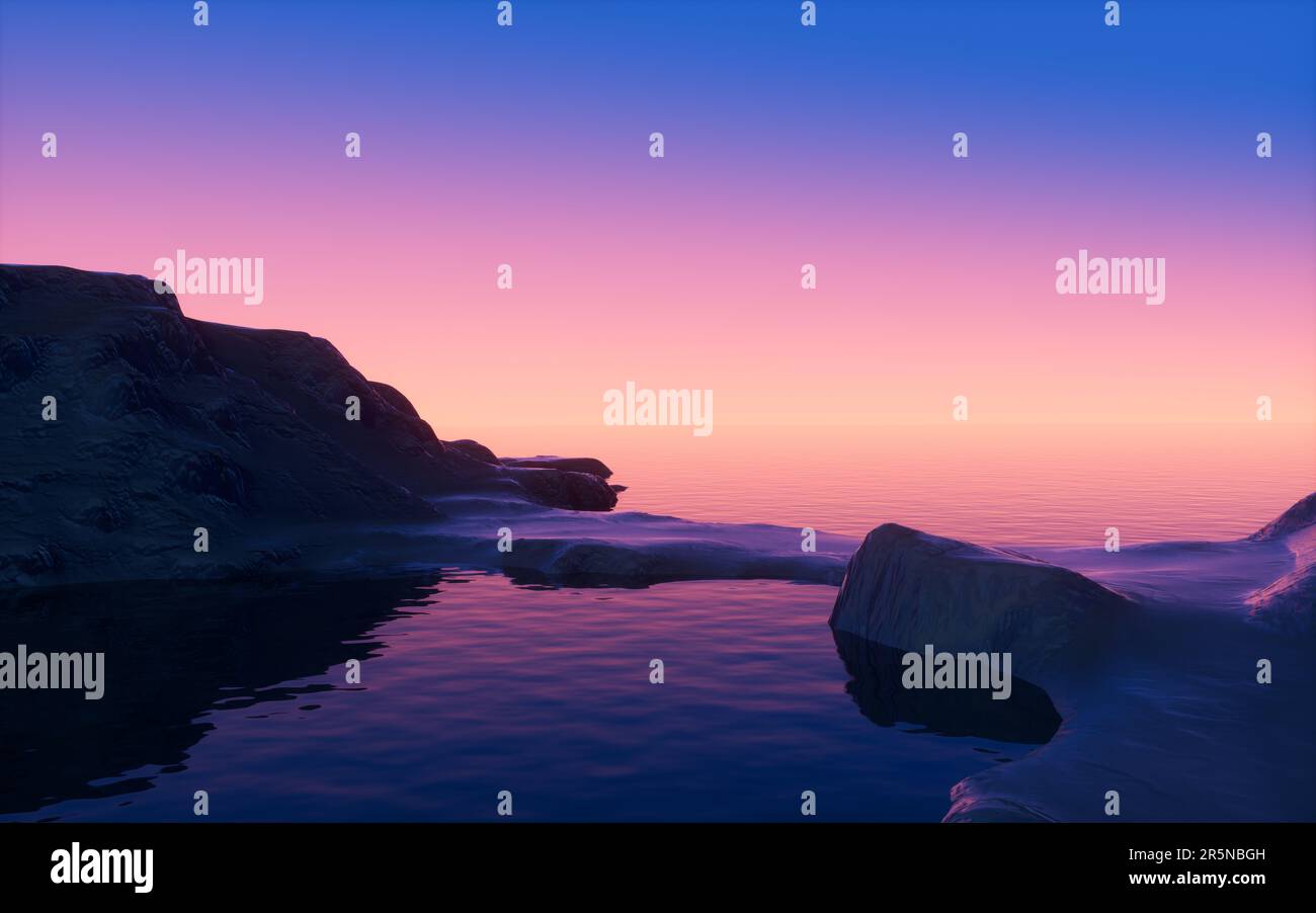 Water surface and mountains at dusk, 3d rendering. Digital drawing ...