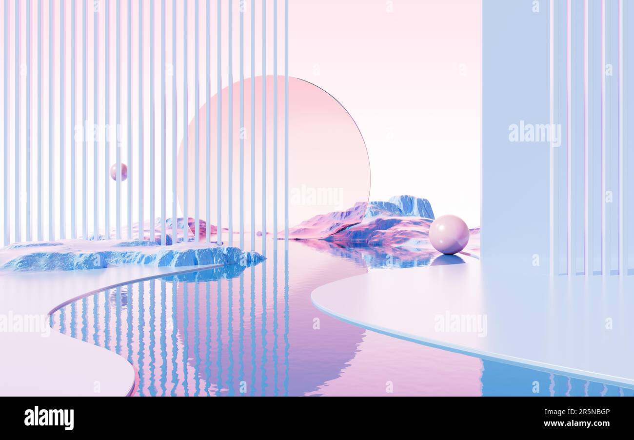 Geometric architecture and water surface background, 3d rendering ...