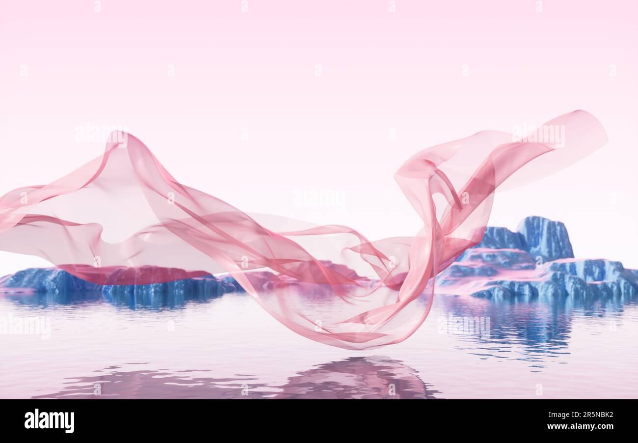 Abstract silk flying on the water surface, 3d rendering. Digital ...