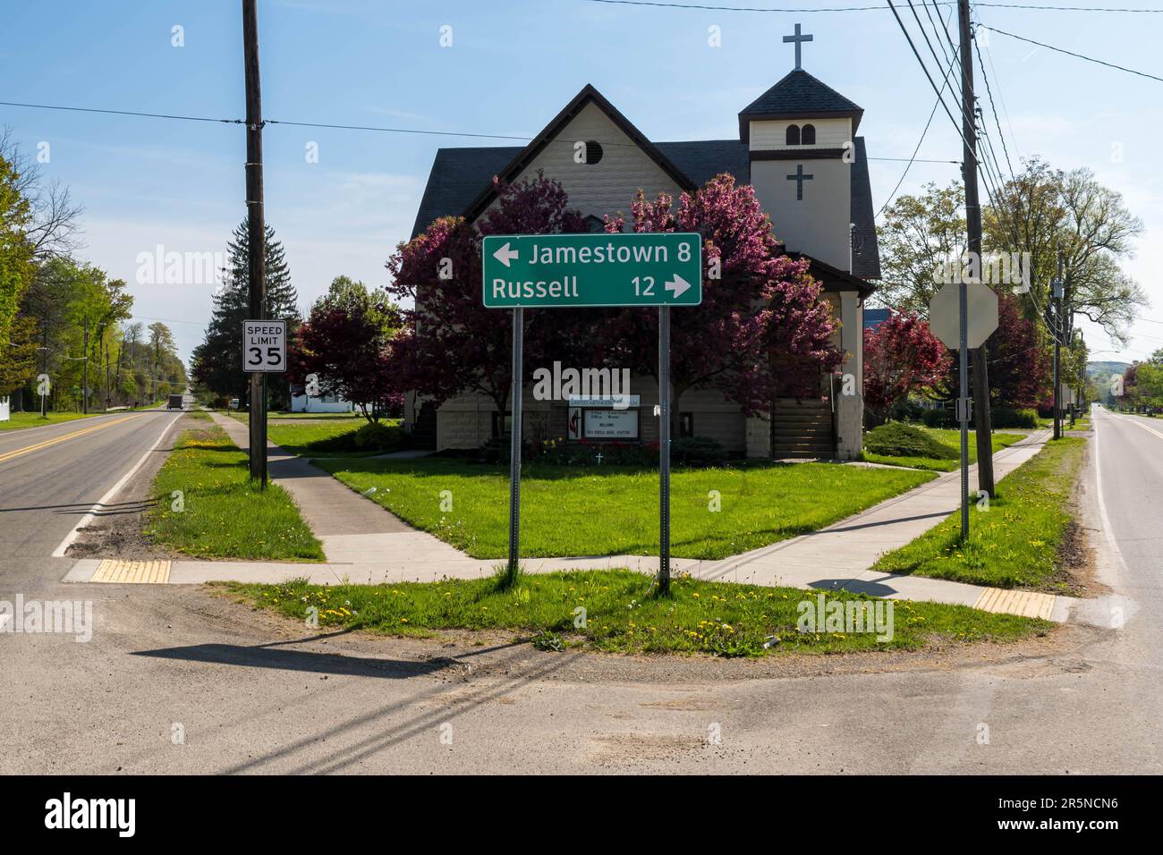 Traffic signs in front of the United Methodist Church on Race Street in ...