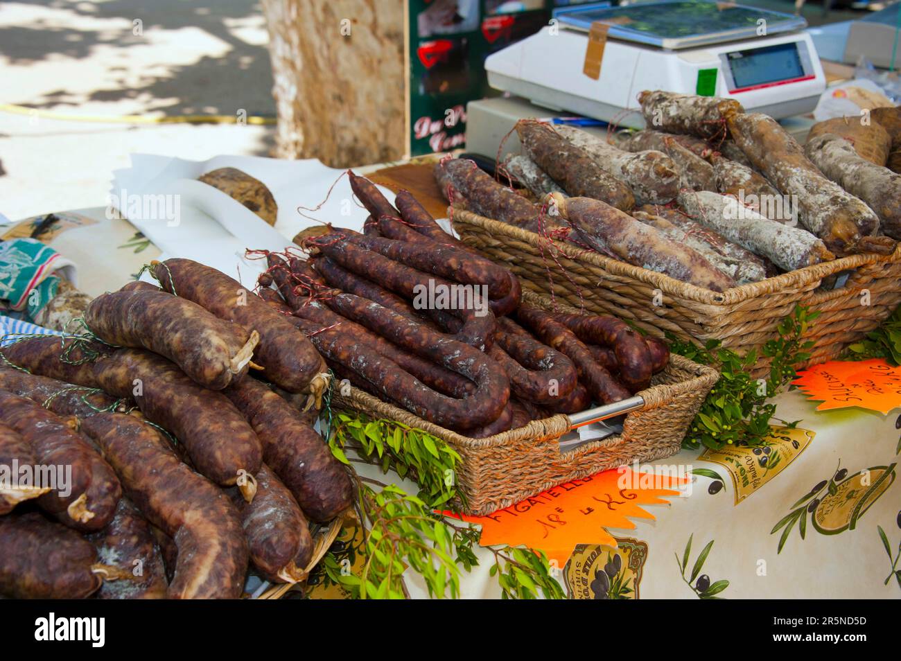 Sausage, market stall, Place Paoli, L'Ile-Rousse, Corsica, France ...