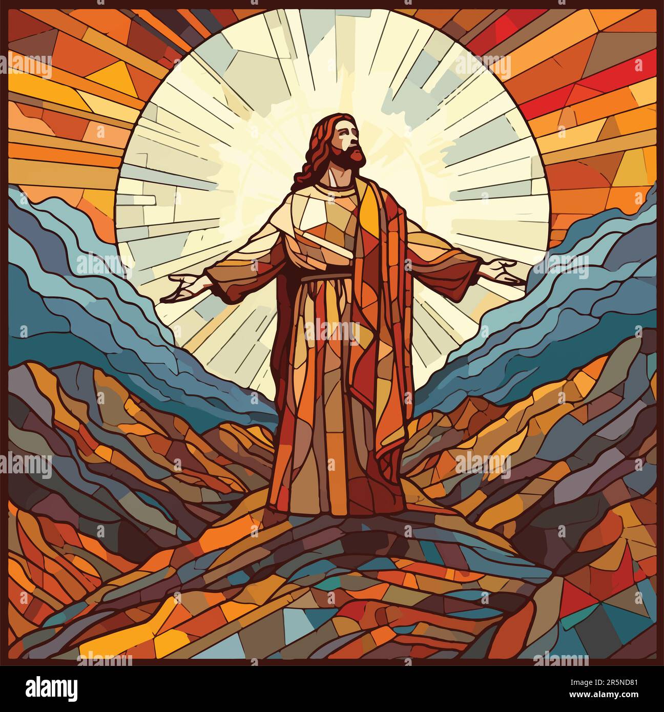 Vector stained glass window of Jesus Christ on a mountain top, arms ...