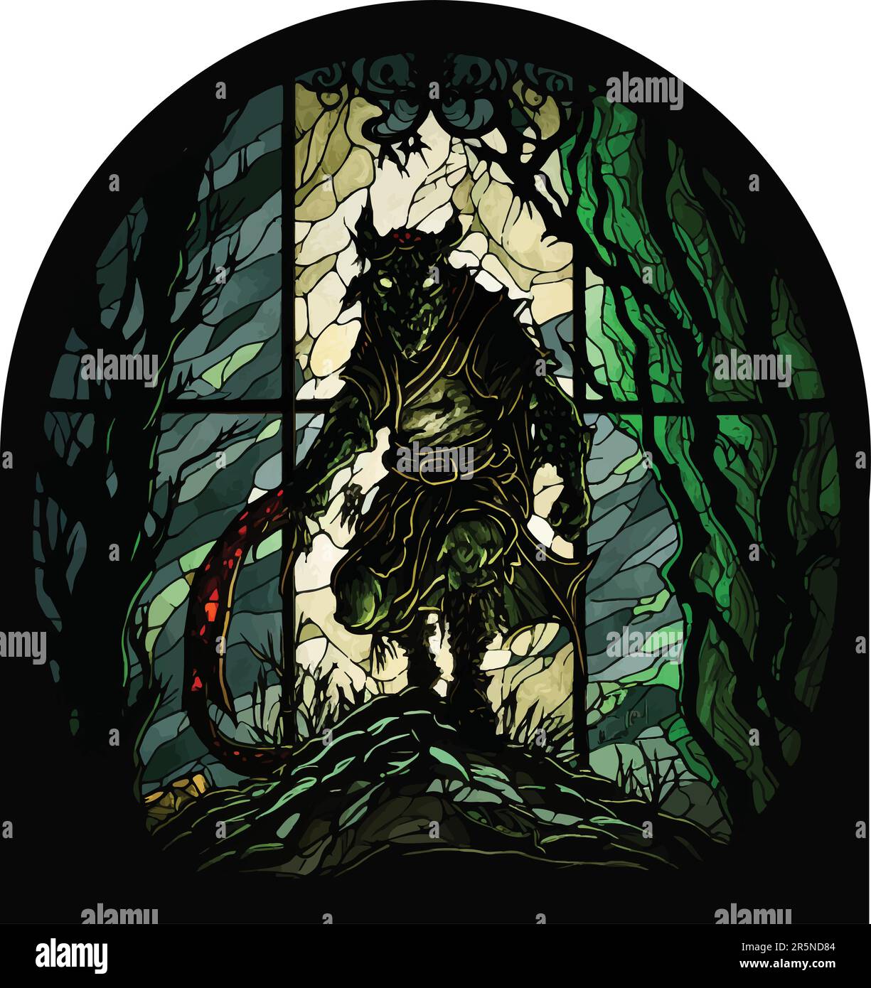 Vector of a stained glass window of a green monster, tree branches ...
