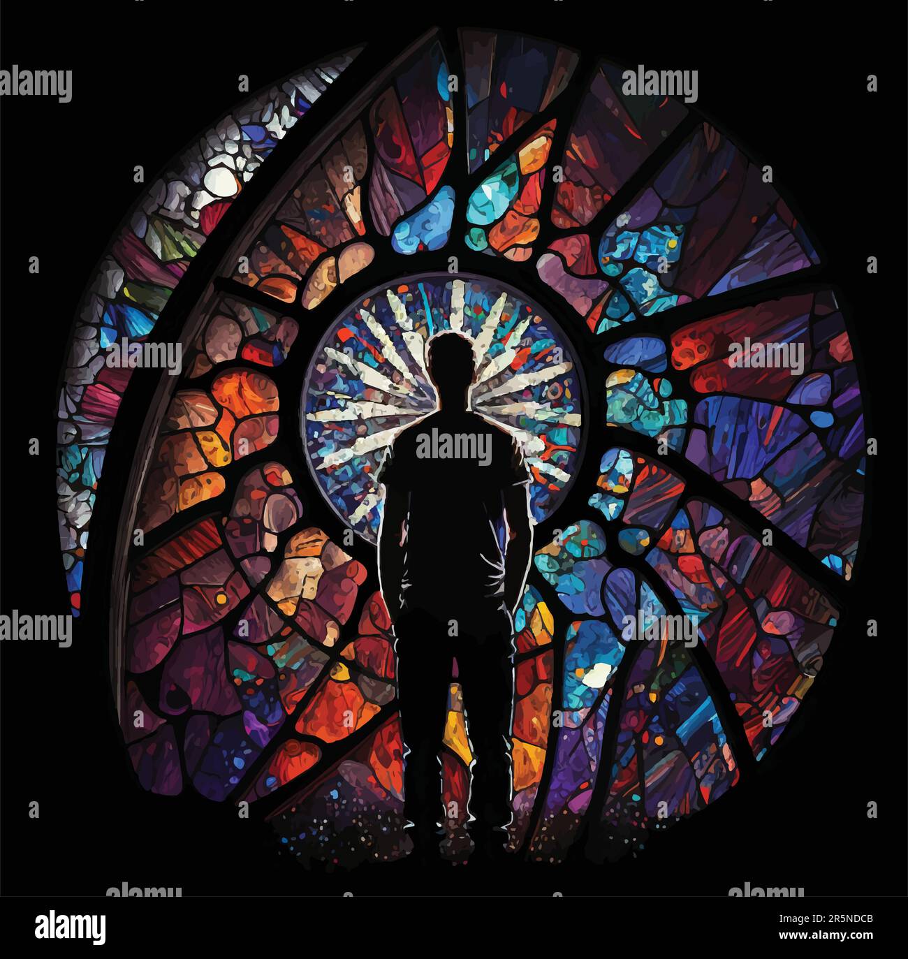 Round stained glass window vector of human figure encountering the ...