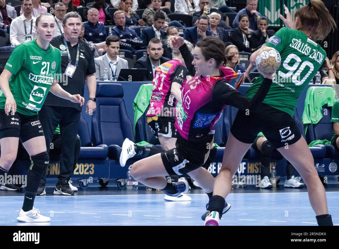 Budapest. 4th June, 2023. Anna Vyakhireva (2nd R) of Norway's Vipers Kristiansand tries to score ...