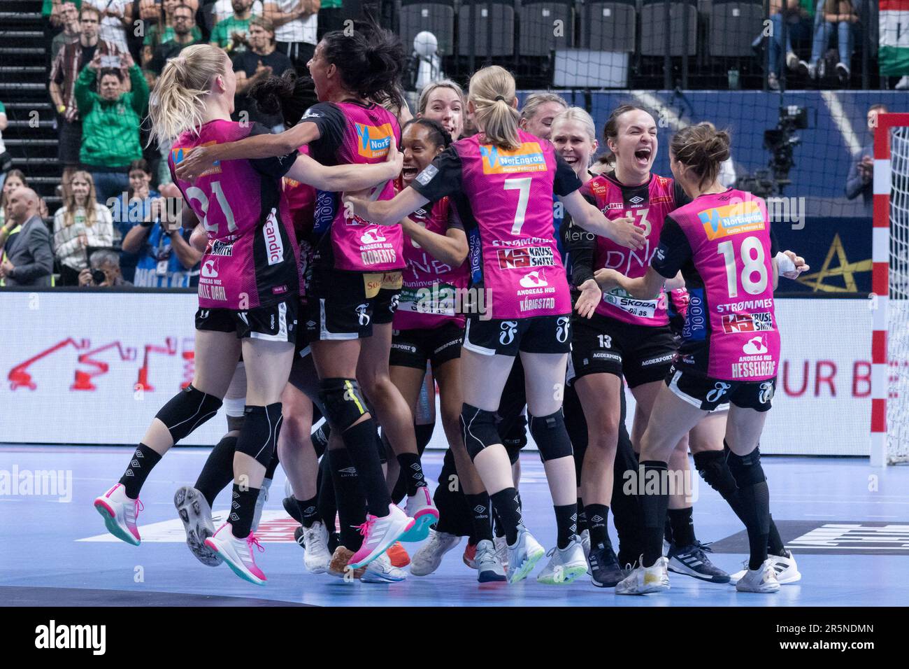 Budapest. 4th June, 2023. Members of Norway's Vipers Kristiansand celebrate their victory during ...