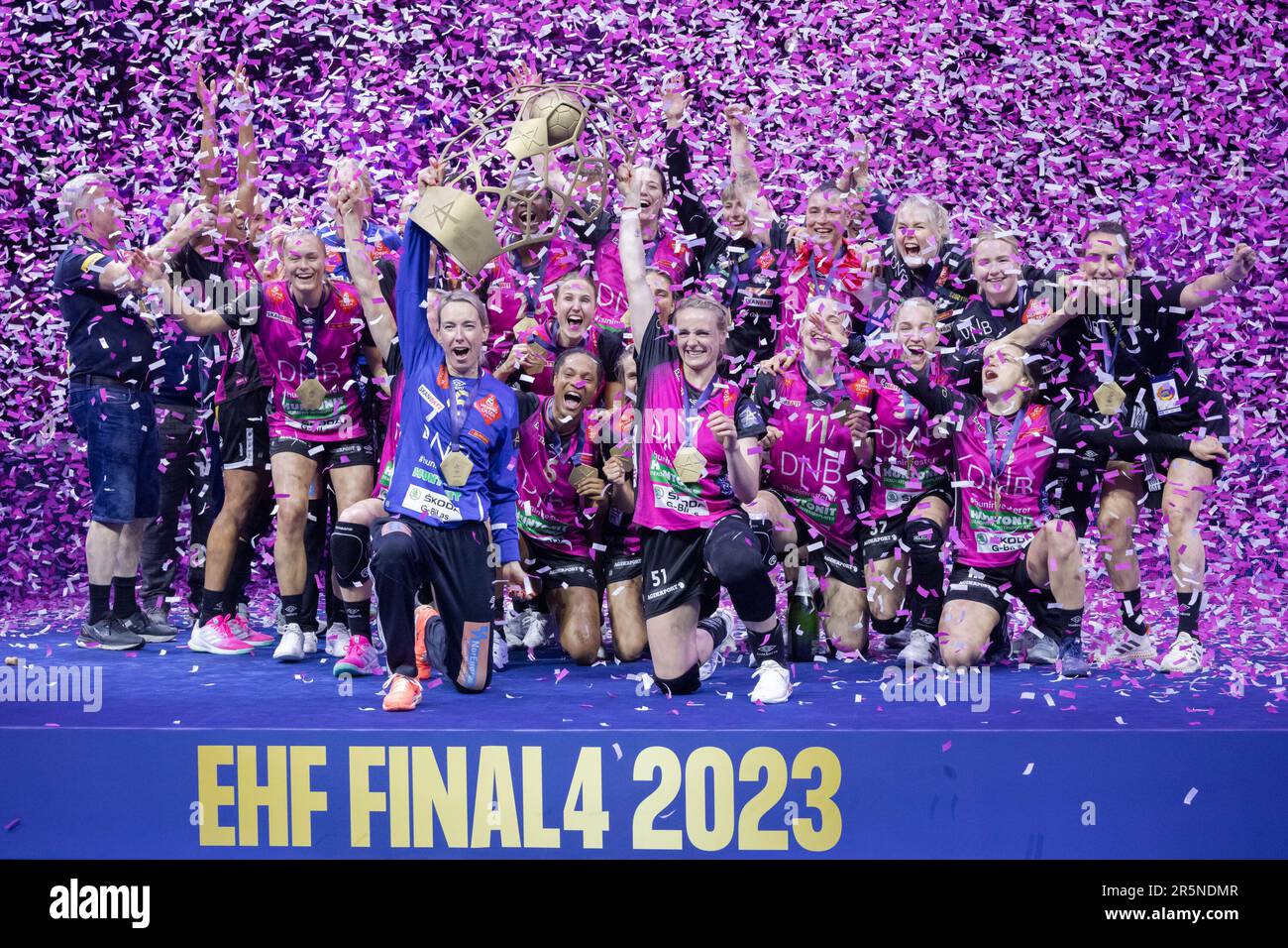 Budapest. 4th June, 2023. Members of Norway's Vipers Kristiansand celebrate their victory during ...