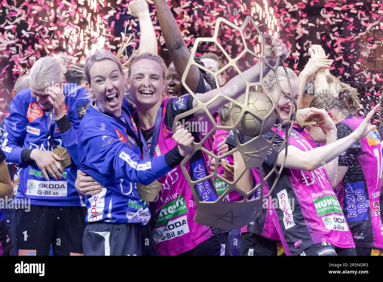 Budapest. 4th June, 2023. Members of Norway's Vipers Kristiansand celebrate their victory during ...