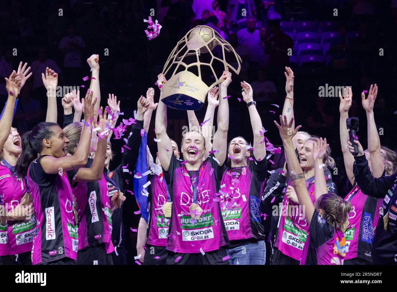 Budapest. 4th June, 2023. Members of Norway's Vipers Kristiansand celebrate their victory during ...