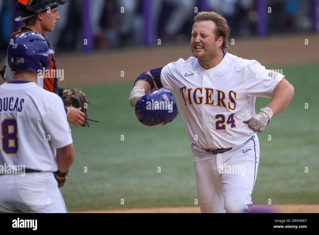 June 4, 2023: LSU's Cade Beloso (24) celebrates at home plate after ...