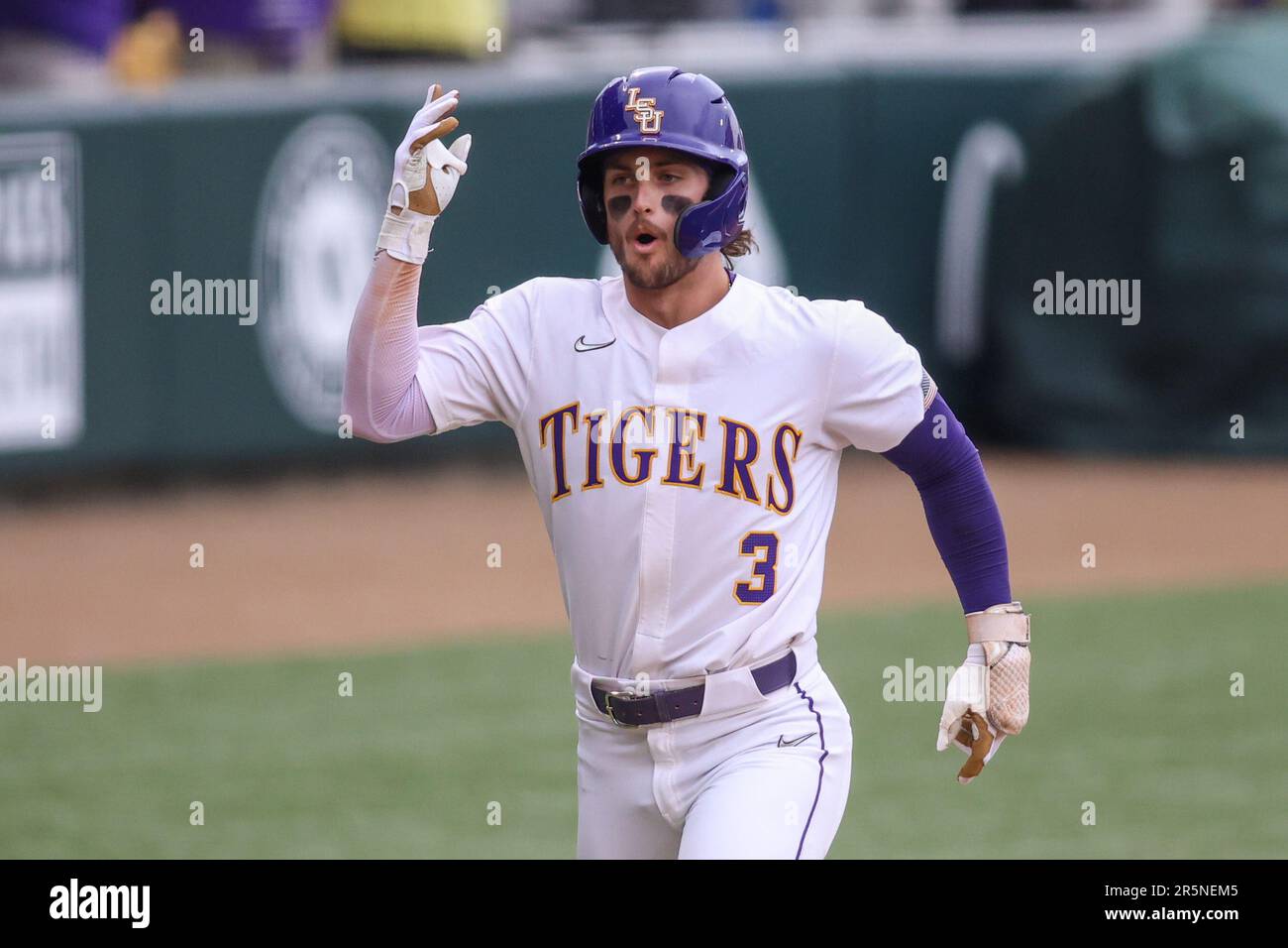 Baton Rouge, LA, USA. 4th June, 2023. LSU's Dylan Crews (3) celebrates ...