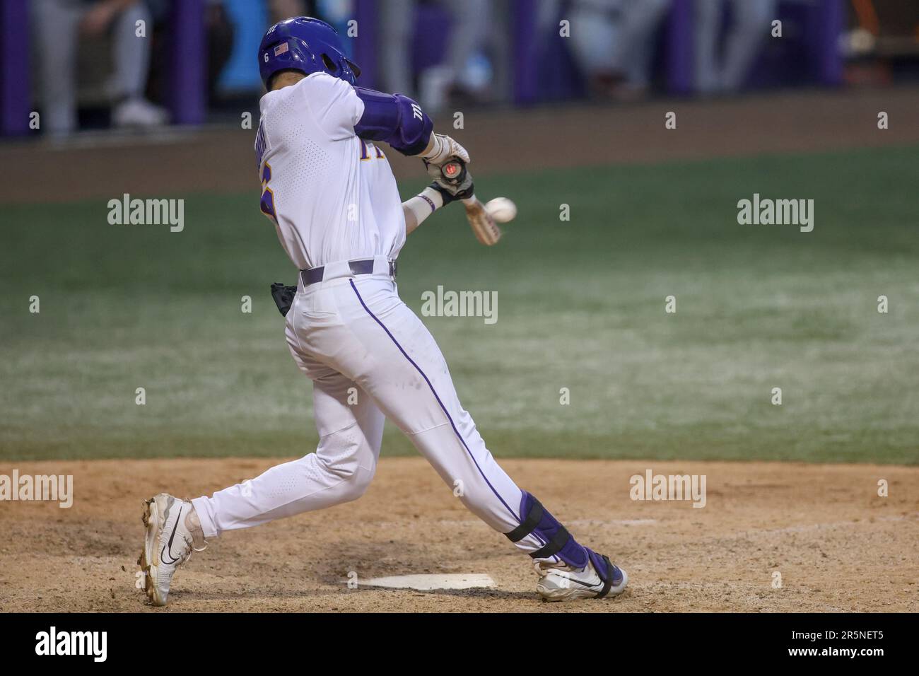 Baton Rouge, LA, USA. 4th June, 2023. LSU's Brayden Jobert (6) drives a ...