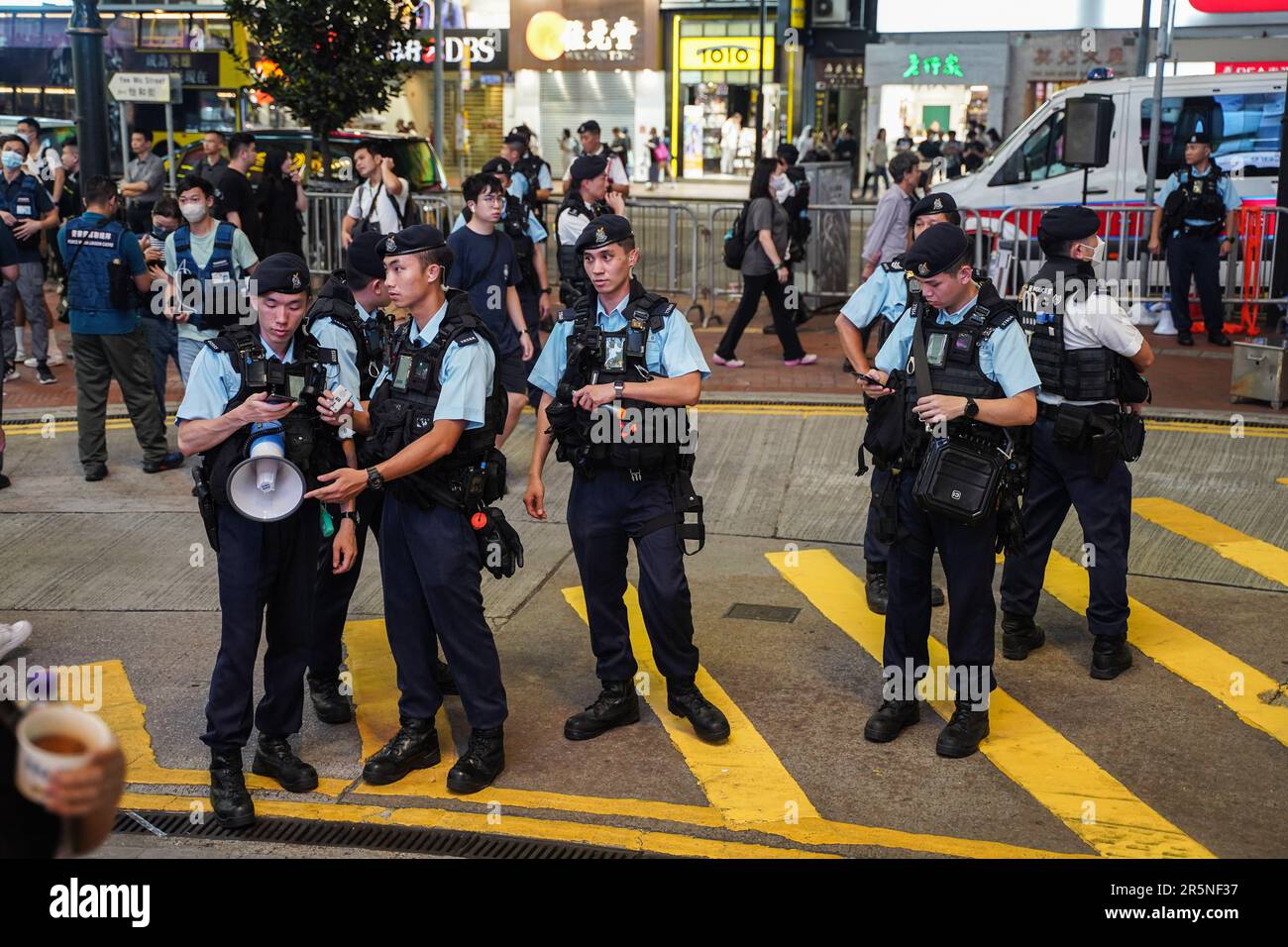 April 6 2023 Hong Kong China Police Officers Stand On The Street At