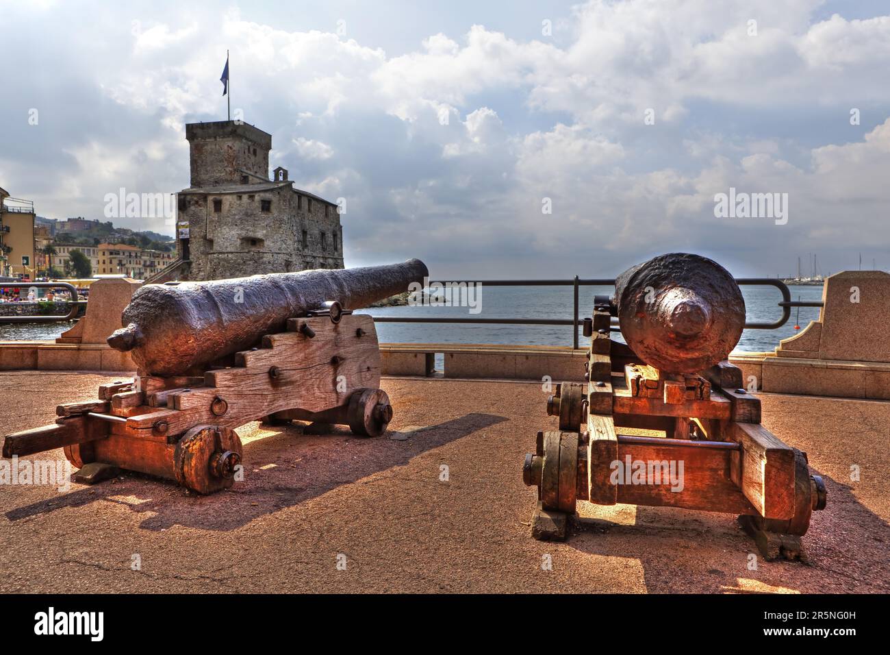 Old cannons, castle, Rapallo, Riviera Levante, Genoa province, Liguria ...