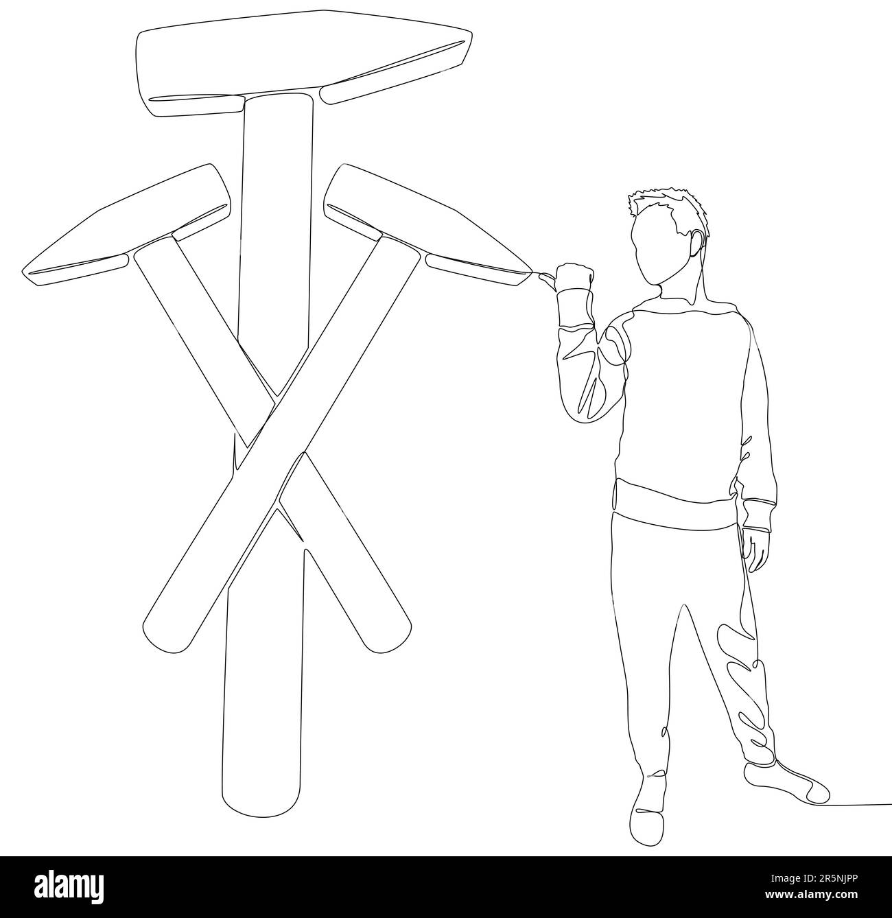 One Continuous Line Of Man Pointing With Finger At Hammer Thin Line