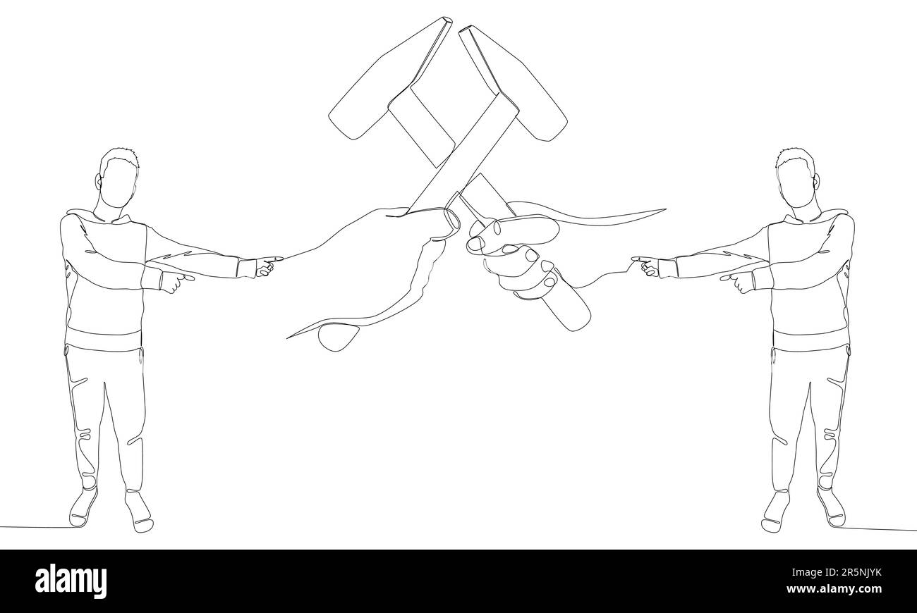 One Continuous Line Of Man Pointing With Finger At Hammer Thin Line