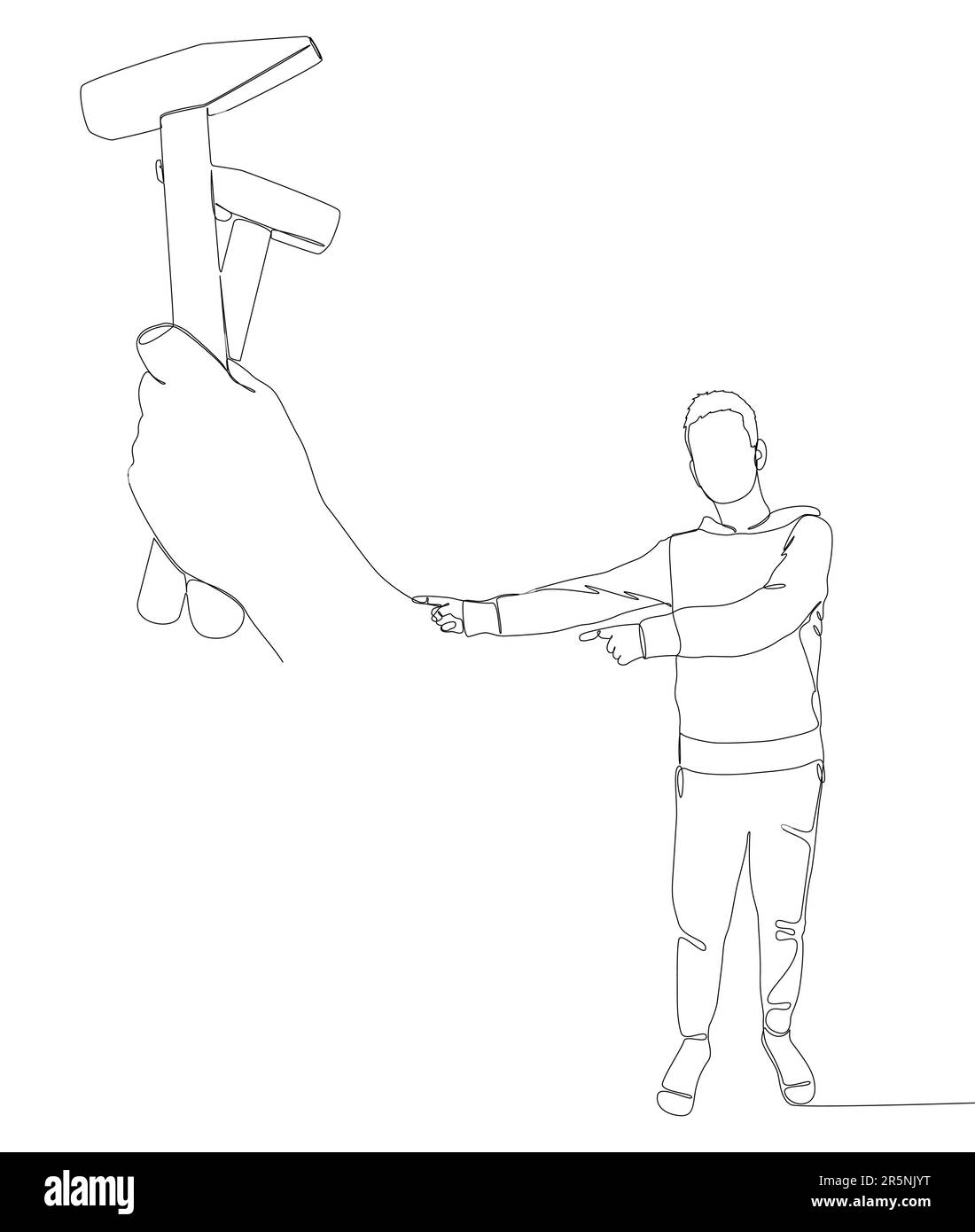 One Continuous Line Of Man Pointing With Finger At Hammer Thin Line