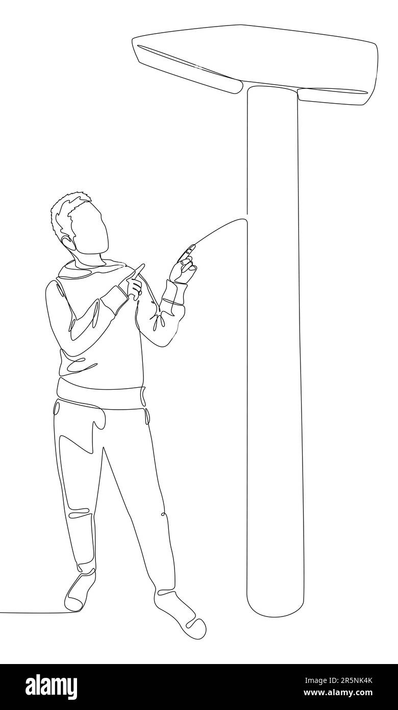One continuous line of Man pointing with finger at Hammer. Thin Line ...