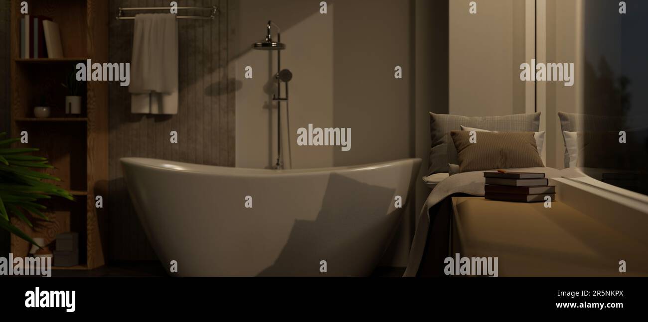 A comfortable and minimal bathroom at night with a luxury bathtub, a ...