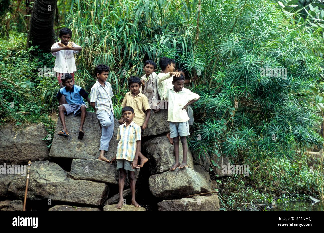 Boys enjoying their holidays standing near a river at Courtalam ...