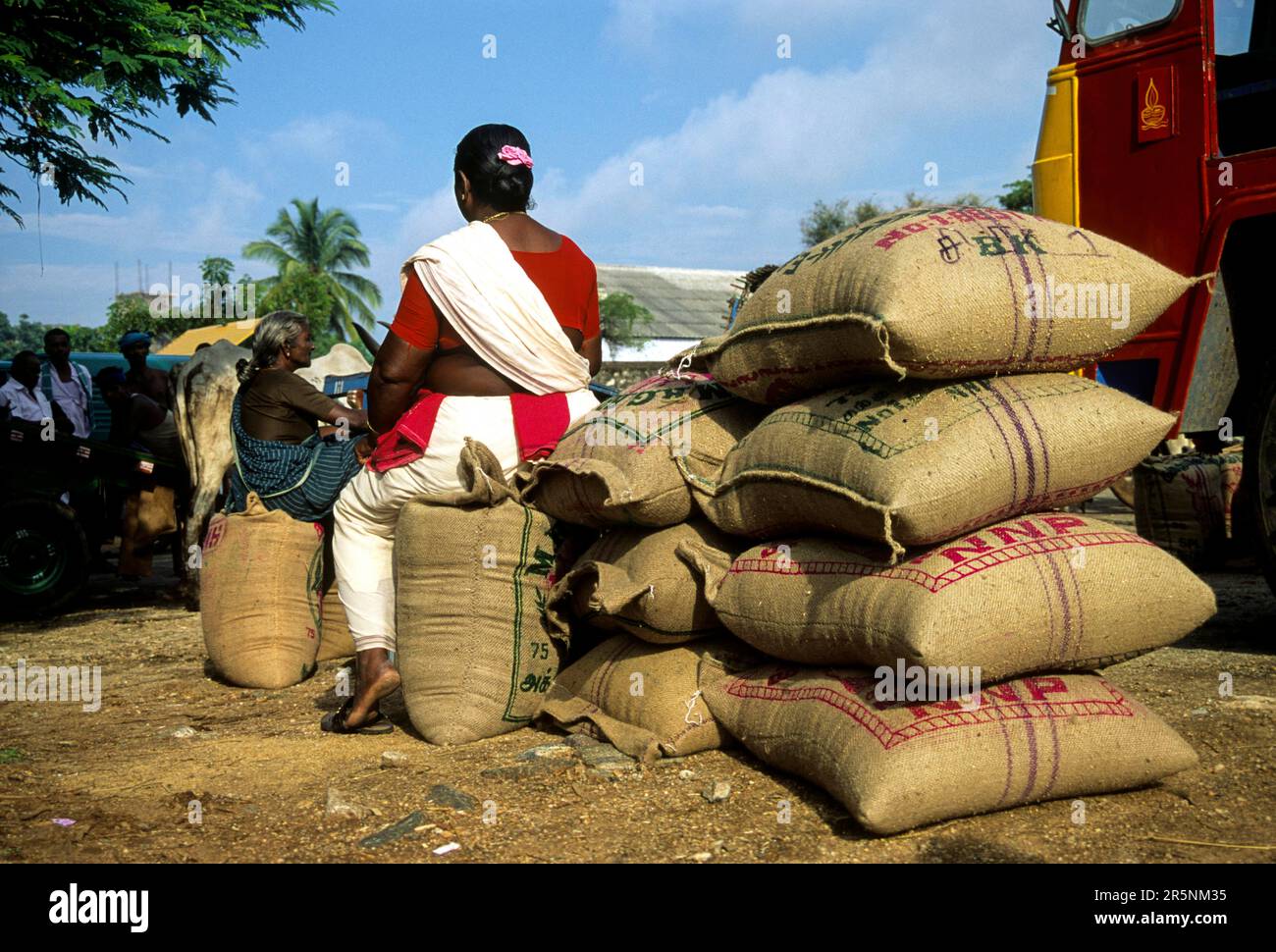Women sitting above the rice bag, periodical market weekly market at ...