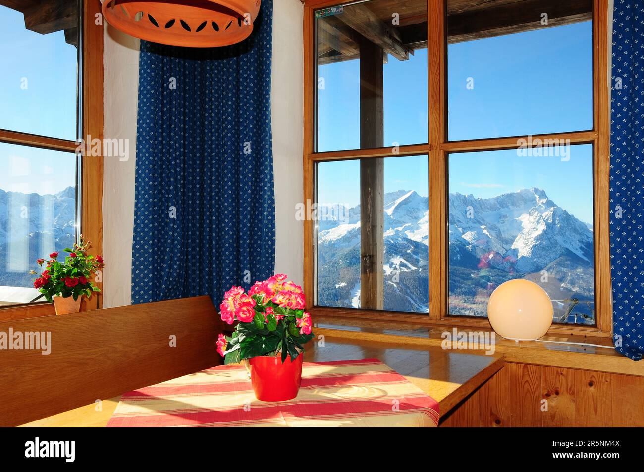 View through window, mountain hut, Wetterstein Mountains, Zugspitze ...