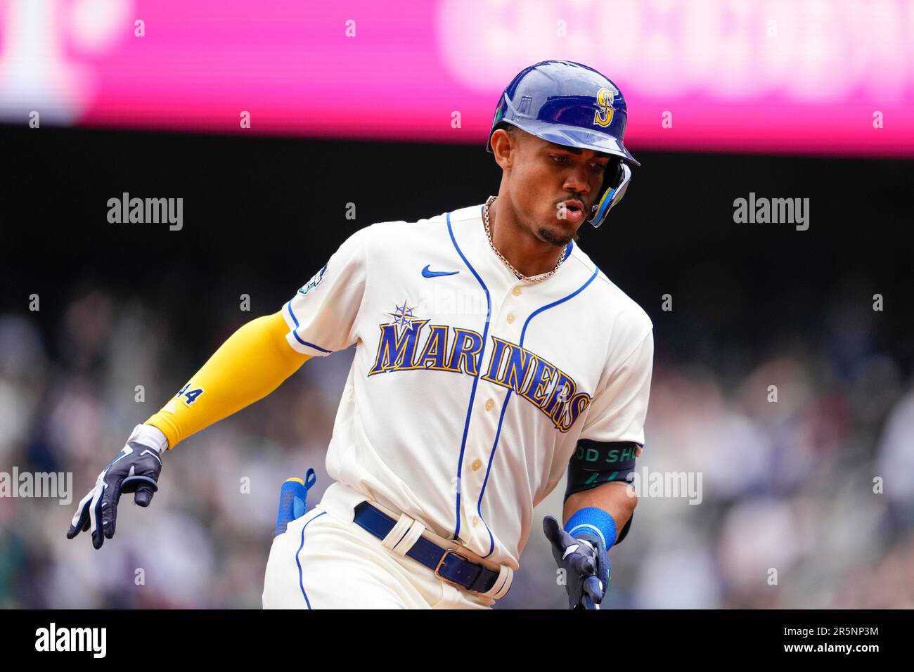 Seattle Mariners' Julio Rodriguez jogs the bases after hitting a home ...