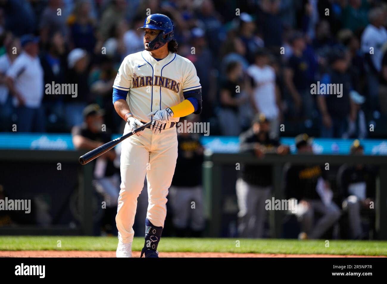 Seattle Mariners' Eugenio Suarez reacts after hitting a three-run walk ...