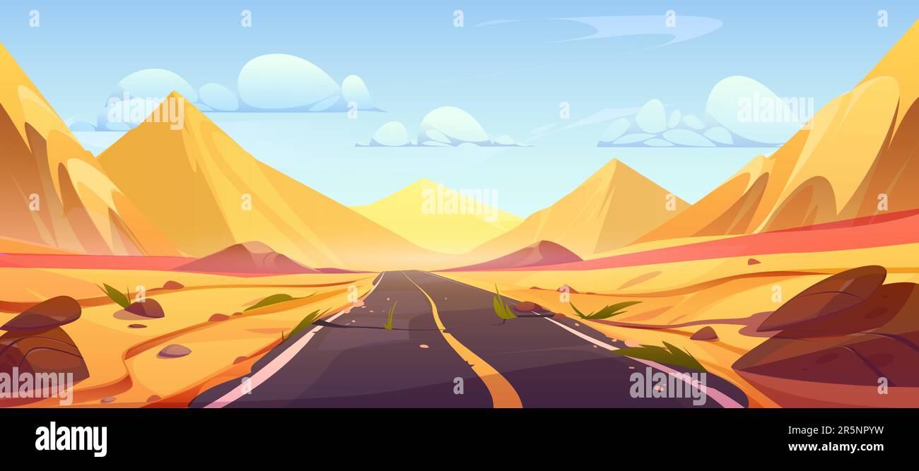 Landscape of sand desert with road in Africa. Wilderness land scene ...