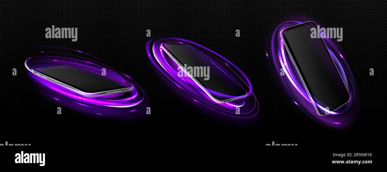 3d purple neon ring and mobile phone background. Futuristic technology ...