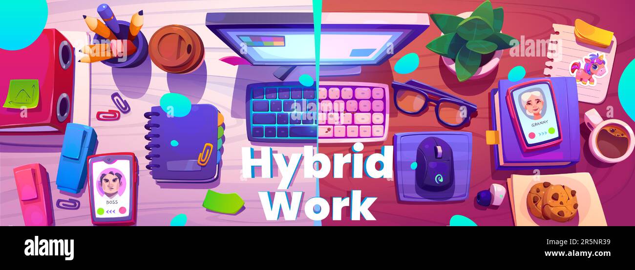 Hybrid work concept workplace top view. Vector cartoon illustration of ...