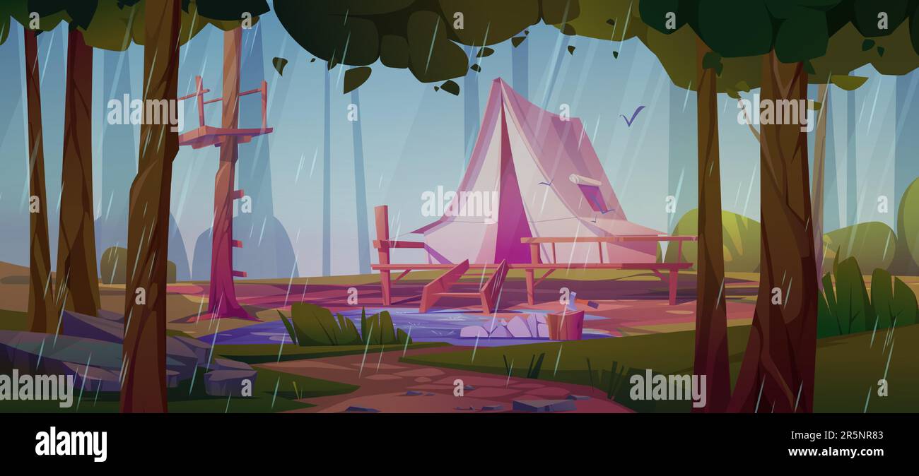 Camp tent in rail forest adventure illustration. Water puddle and ...