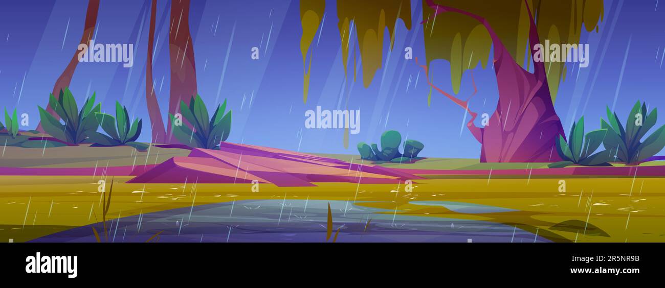 Rain in forest pond cartoon vector park landscape illustration. Cartoon ...