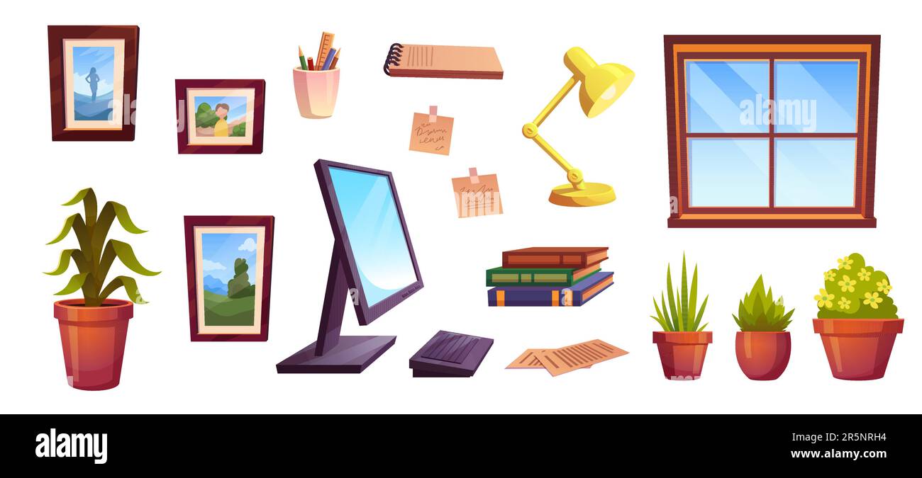 Home office window workspace vector interior set. Isolated cartoon work ...