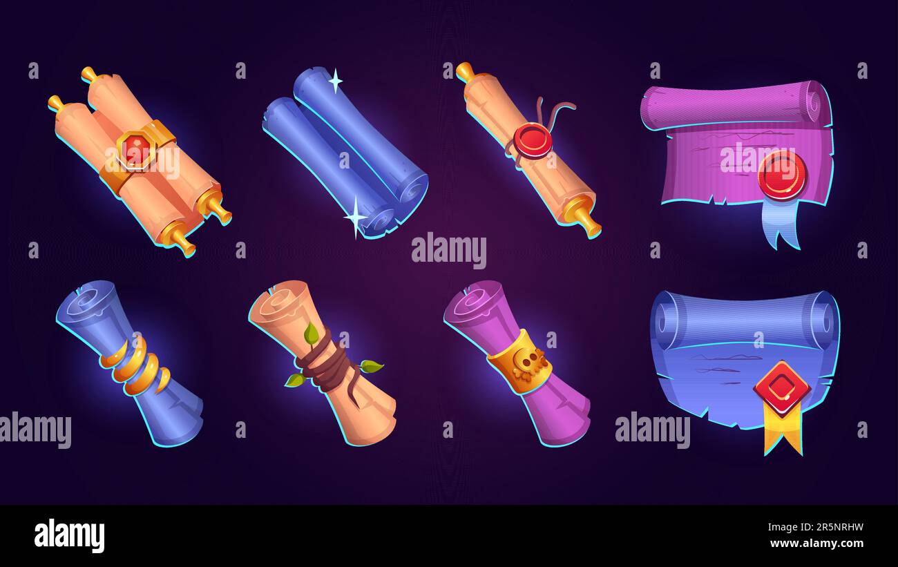 Magic scroll parchment ui game icon cartoon vector icon. Fantasy ancient papyrus for old ...