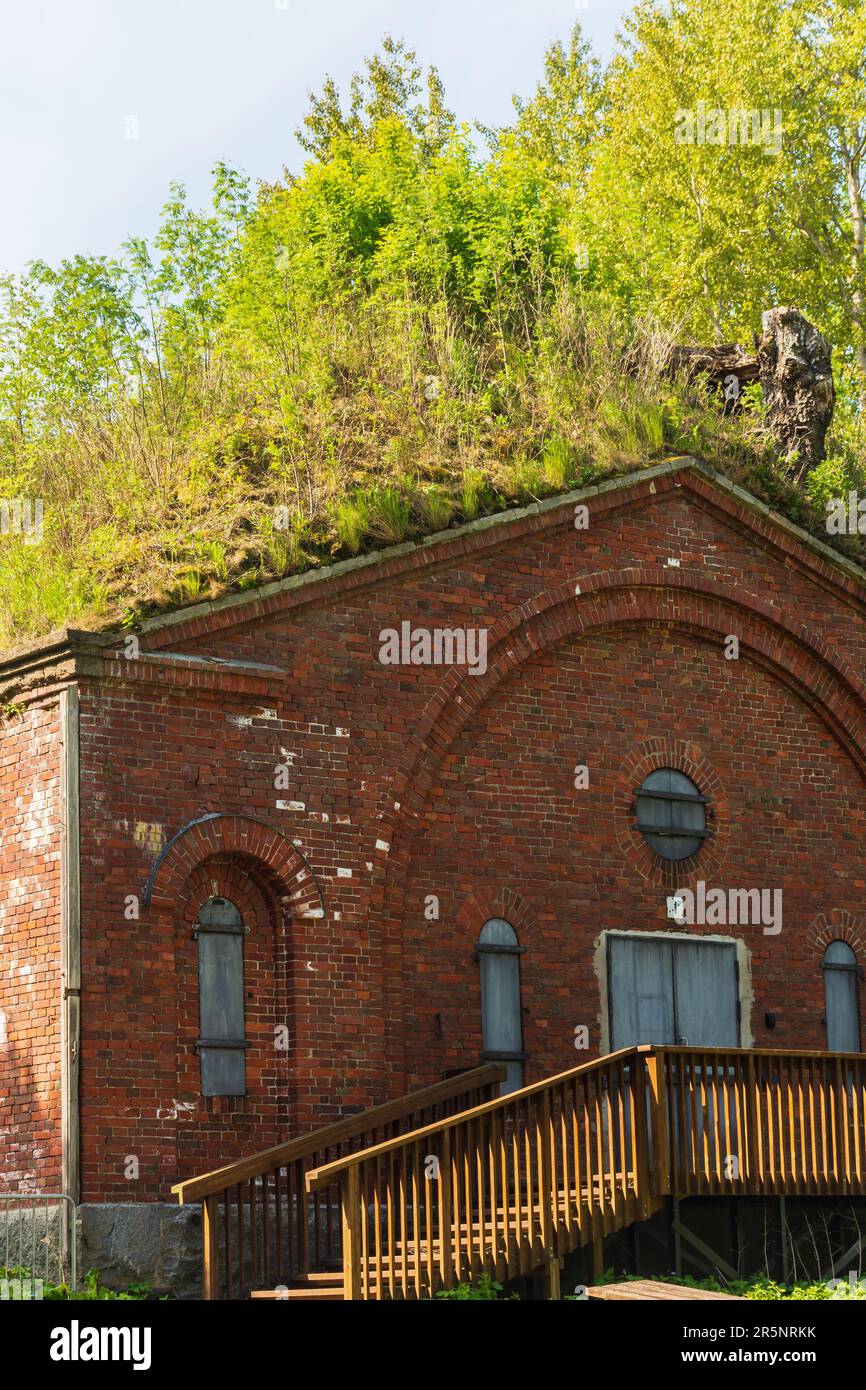 Old red brick military building on Vallisaari island in Helsinki ...