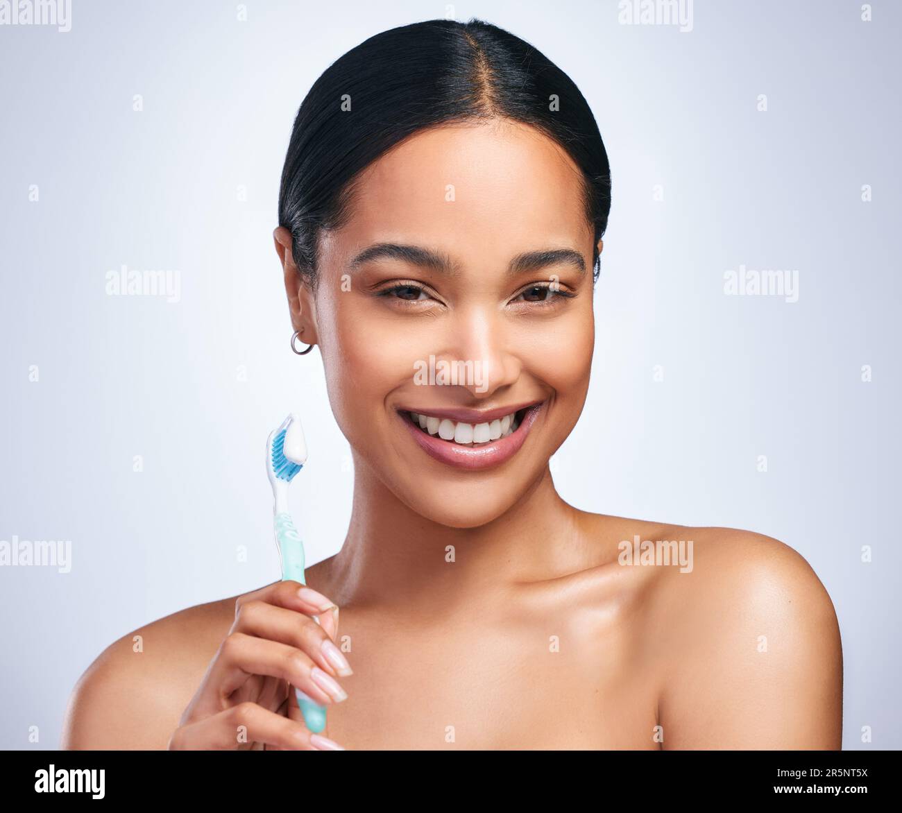 Woman, toothbrush and studio portrait with smile for self care, dental ...