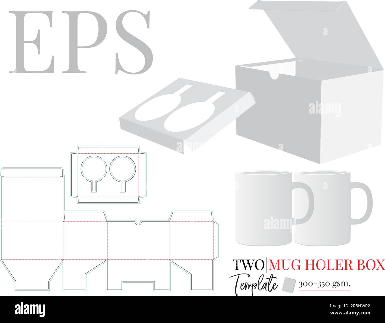 Mug box, die cut template. Two mug box with holder inside, vector ...