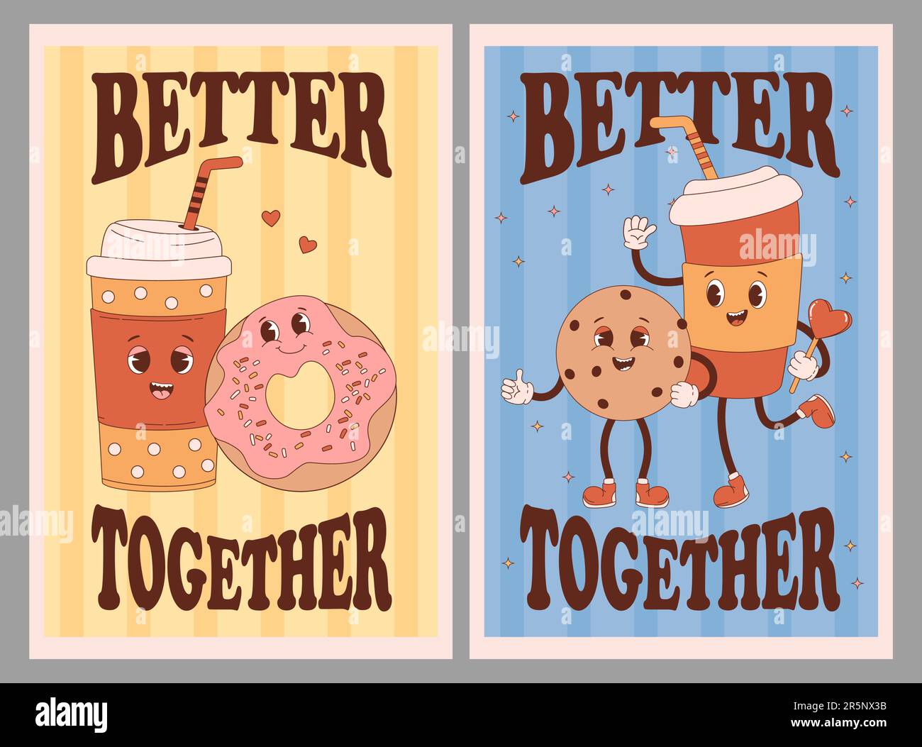 Cool retro posters with cute characters. Coffee in paper cup takeaway ...